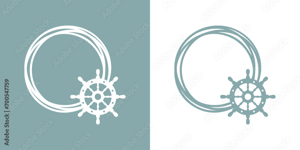Logo Nautical. Marco circular con líneas con silueta de timón de barco ...