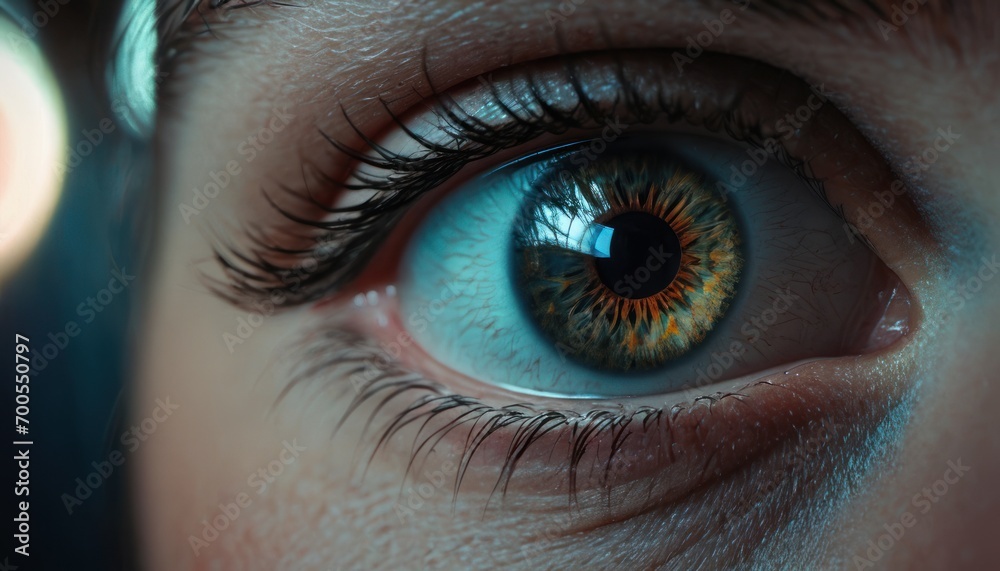 a close up of a person's eye with a light shining on the left side of ...