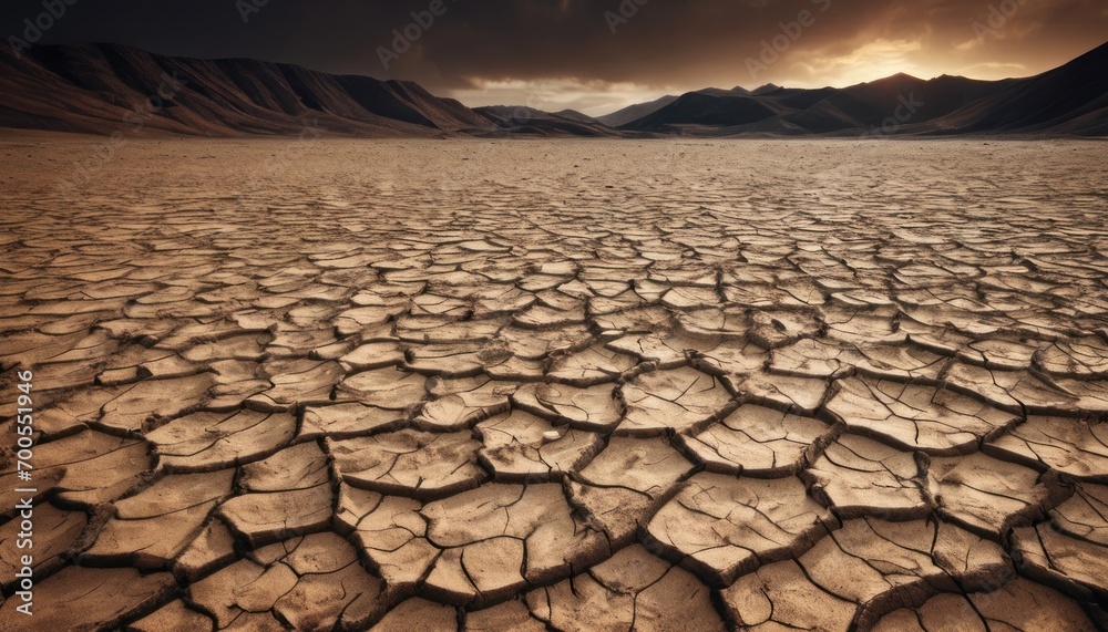 a view of a barren area with mountains in the distance and a sky filled ...