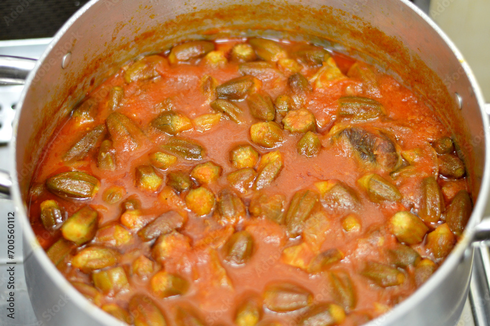 Okra cooked with beef meat pieces and tomato sauce, Bamia, bamya or ...
