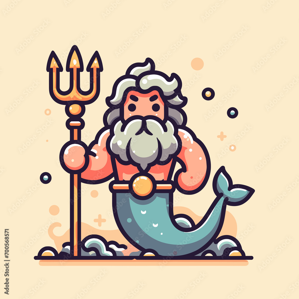 Simple cute cartoon Poseidon vector illustration Generative Ai Stock ...