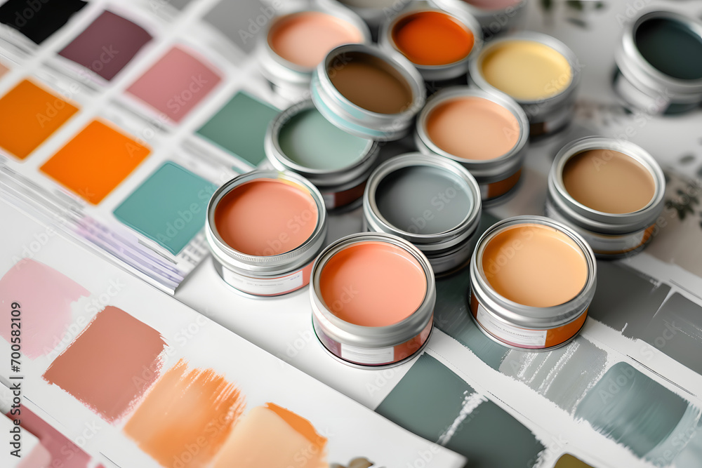 Tiny sample paint cans during house renovation, process of choosing ...