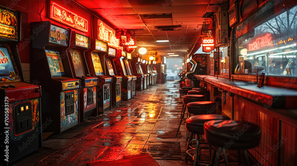 Vintage arcade room filled with retro game machines illuminated by ...