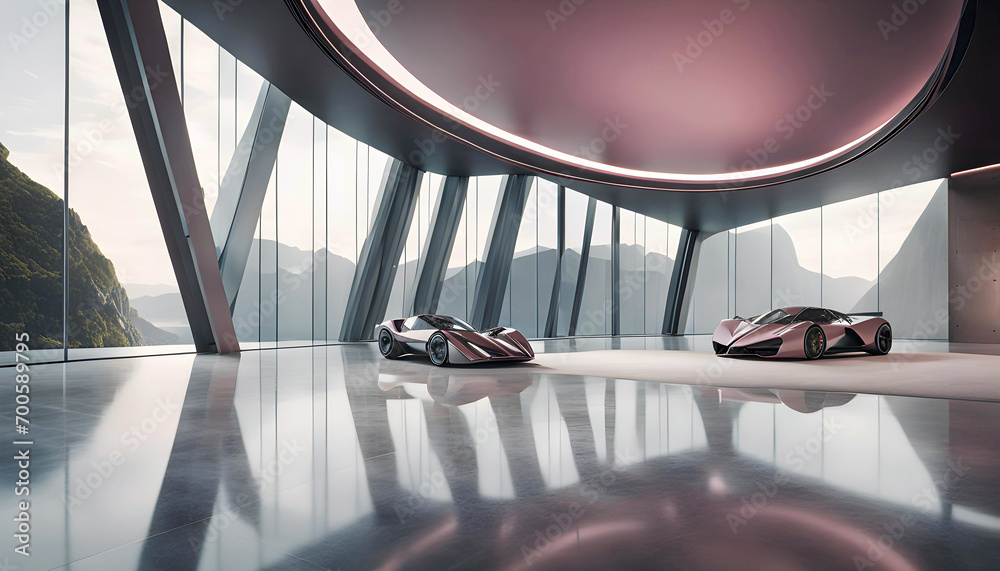 Unusual concept car of the future, 3D illustration with empty concrete ...