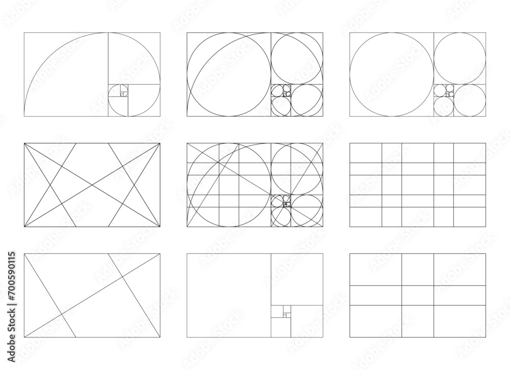 Golden ratio template set. Method golden section. Fibonacci array, numbers. Harmony proportions ...