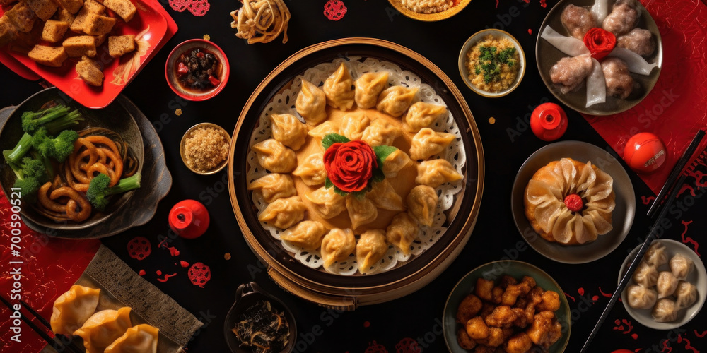 Accessories of Traditional Chinese lunar New Year dinner table, menu ...