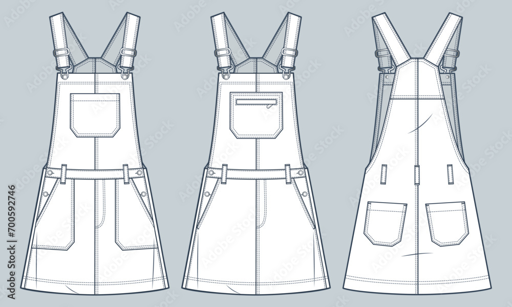 Dungaree Dress technical fashion Illustration. Mini Dress fashion flat ...