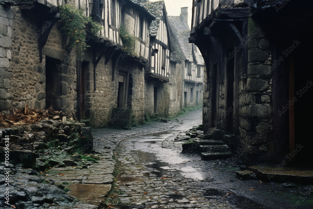 A timeless snapshot of a weathered cobblestone lane, winding through a ...