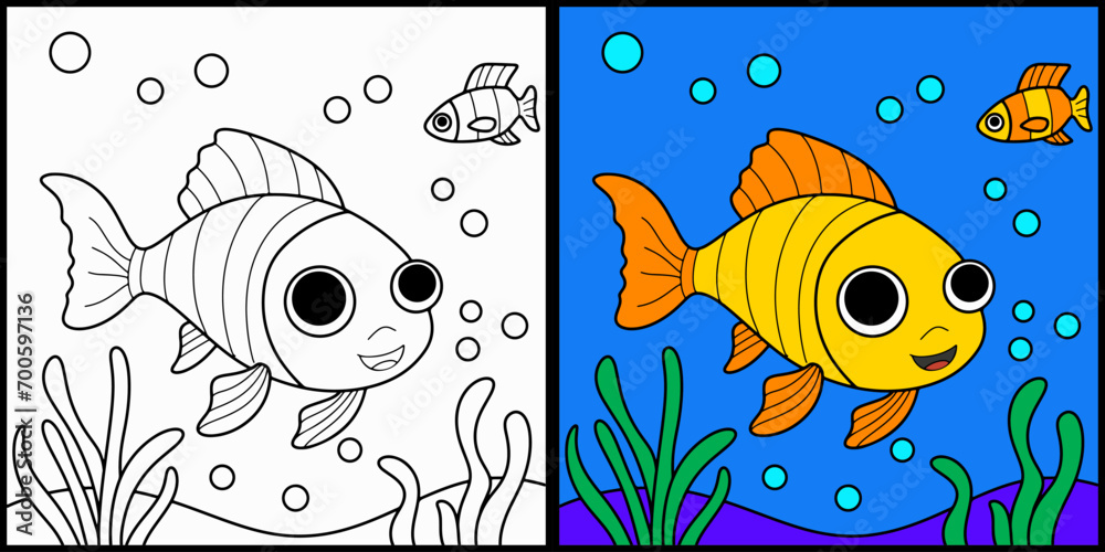 Coloring page outline of cartoon fish Stock Vector | Adobe Stock