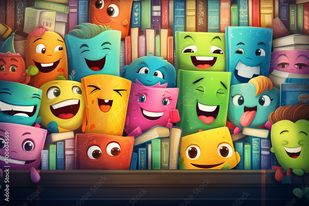 Bright AI depiction of cute, animated book characters with giggling ...