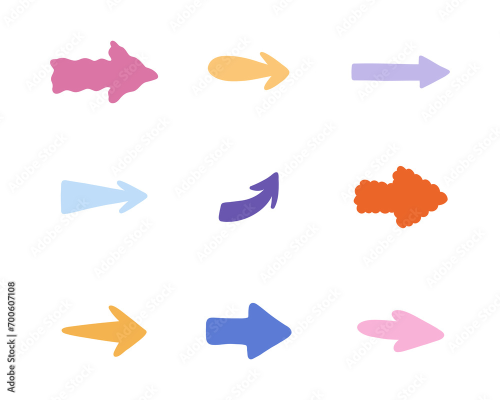 Cute hand drawn arrows set in cartoon flat style. Collection of bold ...