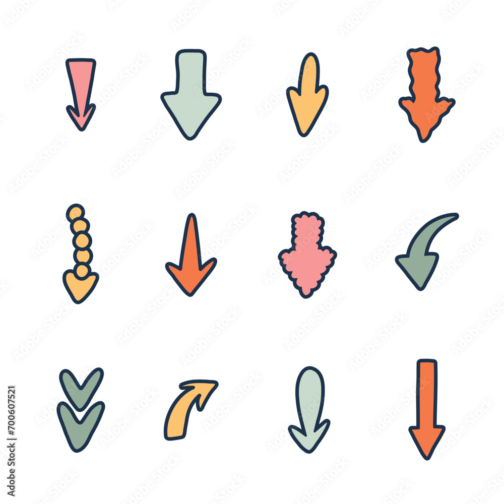 Cute hand drawn arrows set in doodle flat style. Collection of bold and ...