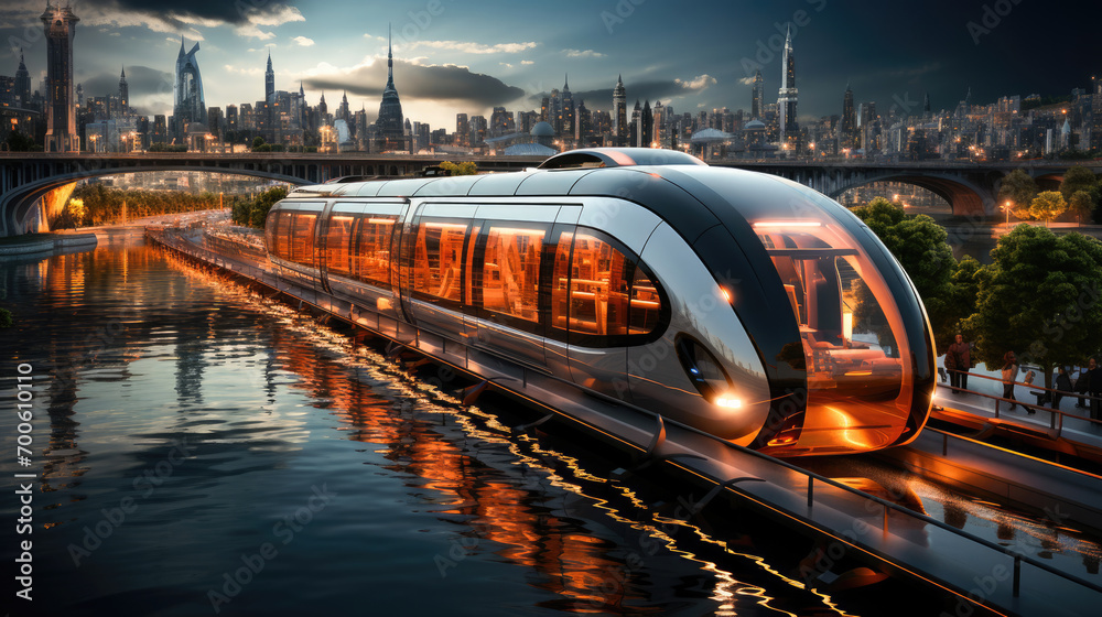 A modern futuristic train gliding through a vibrant cityscape at ...