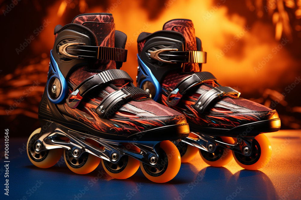 A striking pair of red and black rollerblades on a fiery orange ...