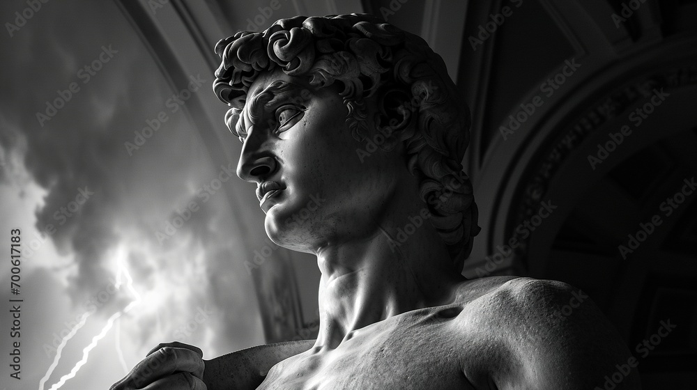 A beautiful stone stoic sculpture, statue of david portraying ...
