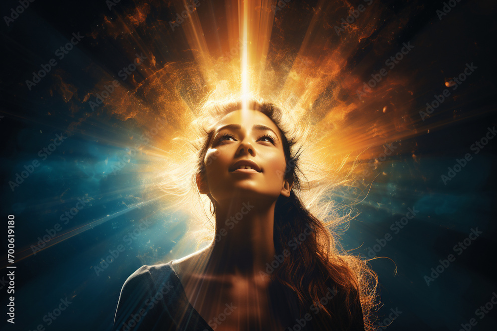 A dynamic illustration of a person's silhouette with rays of light ...