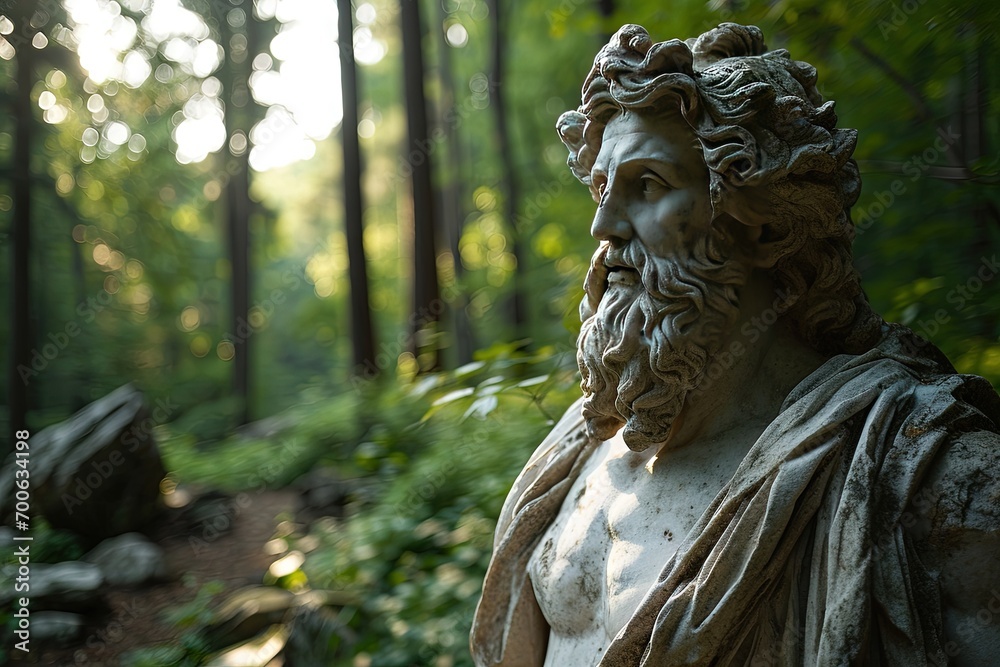 A stone stoic sculpture, statue of a person in a beautiful environment ...