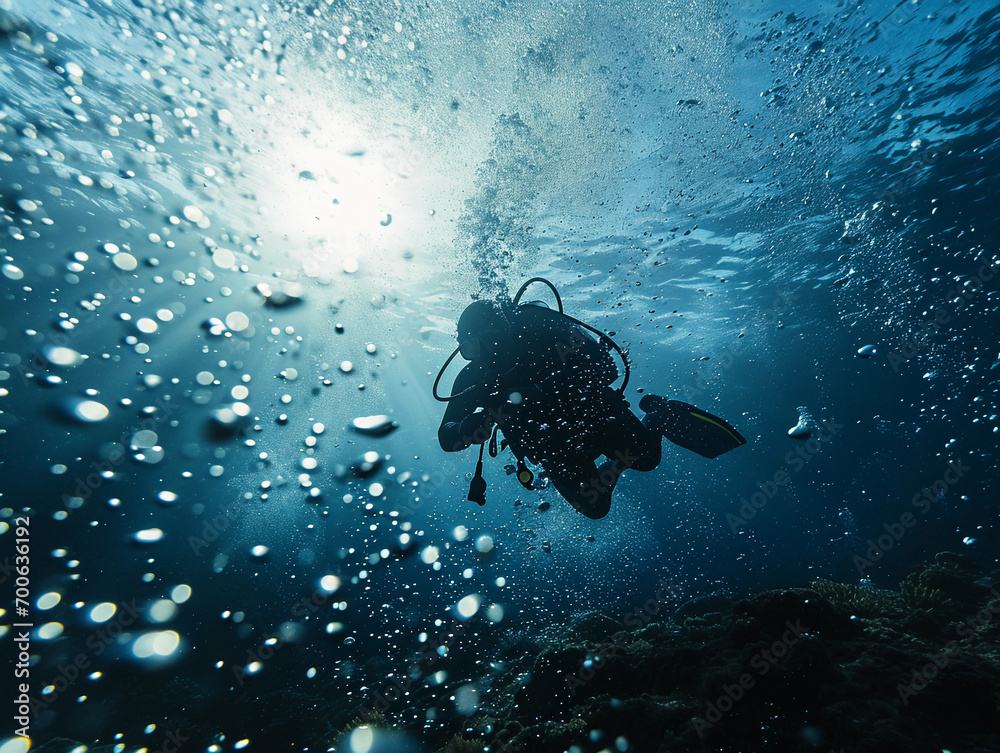 Underwater shot, male diver submerged just after a headfirst dive ...