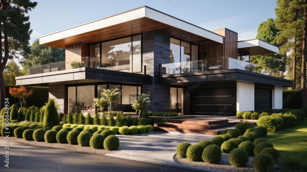 Front of modern house from street with white walls, green yard and ...
