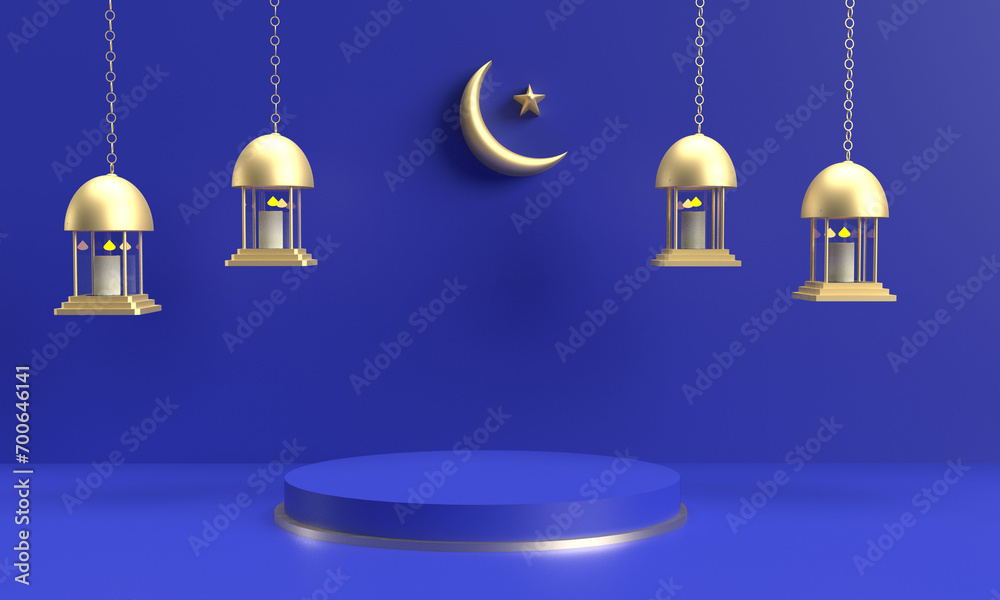 star moon lamp lightbulb candle light blue color wall background podium ...