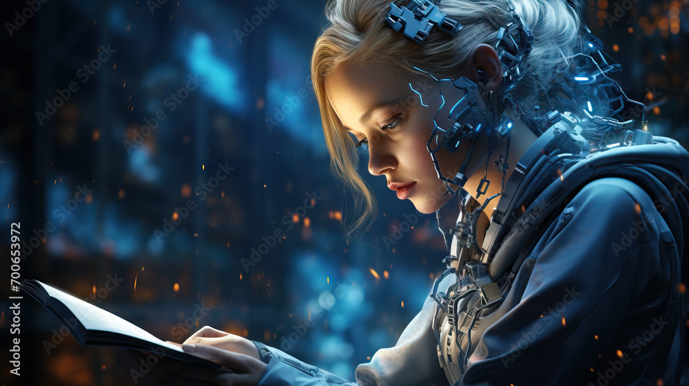 Futuristic Scholar: AI Robot Sitting and Engaged in Reading a Book in a ...