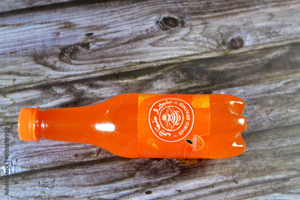 Cairo, Egypt, December 25 2023: Spiro Spathis mandarin orange soda ...