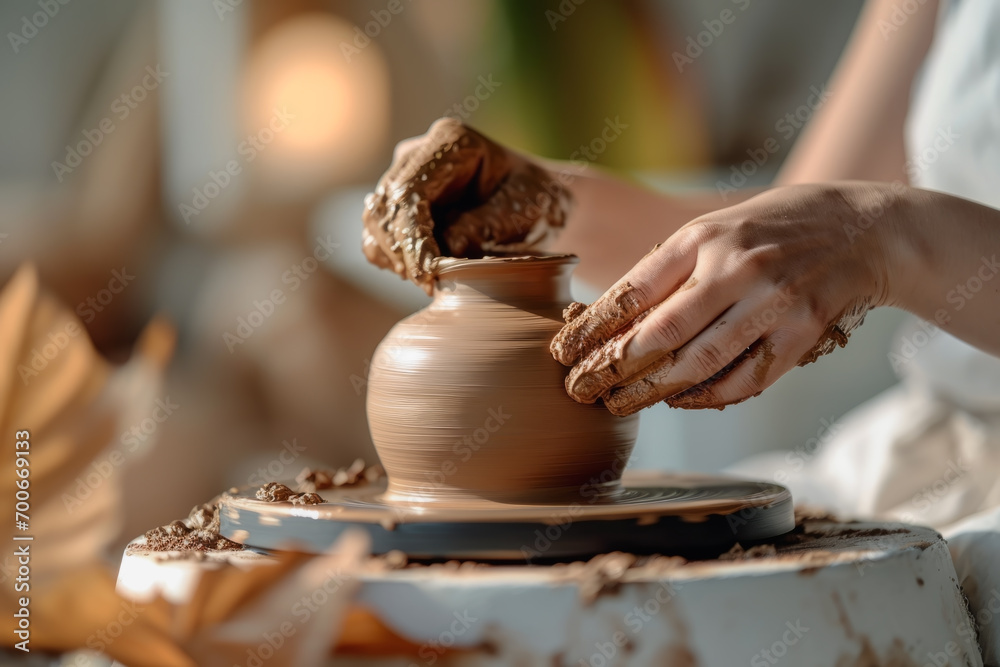 close up hands of a young woman potter modeling ceramic pot from clay ...
