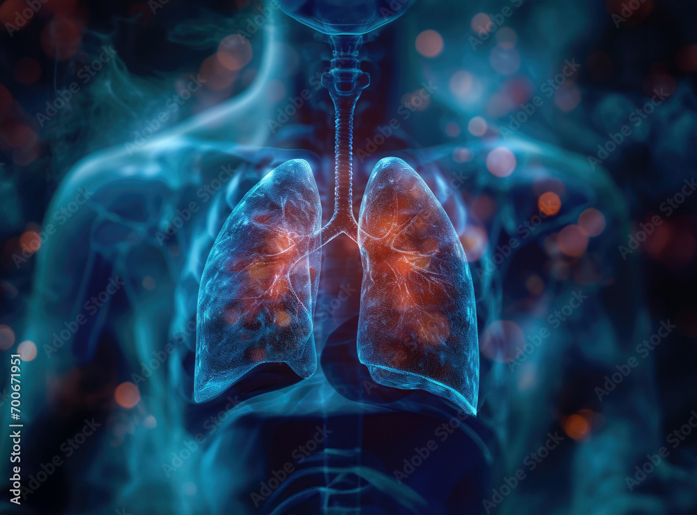 Projection of human lungs in 3D body model, lungs highlighted in blue ...