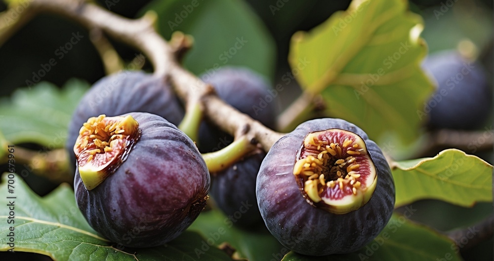 fig A detailed close-up of a fig tree branch laden with plump figs ...