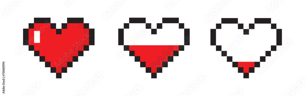 Pixel heart set. Love and video game concept. Pixel game life bar ...