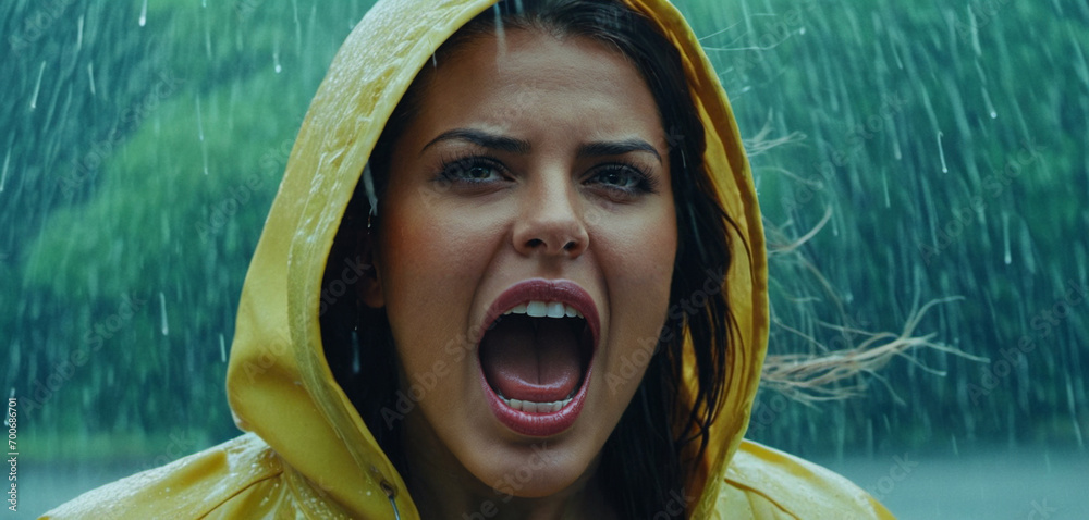 adult caucasian woman, mouth wide open, standing or running in the rain ...
