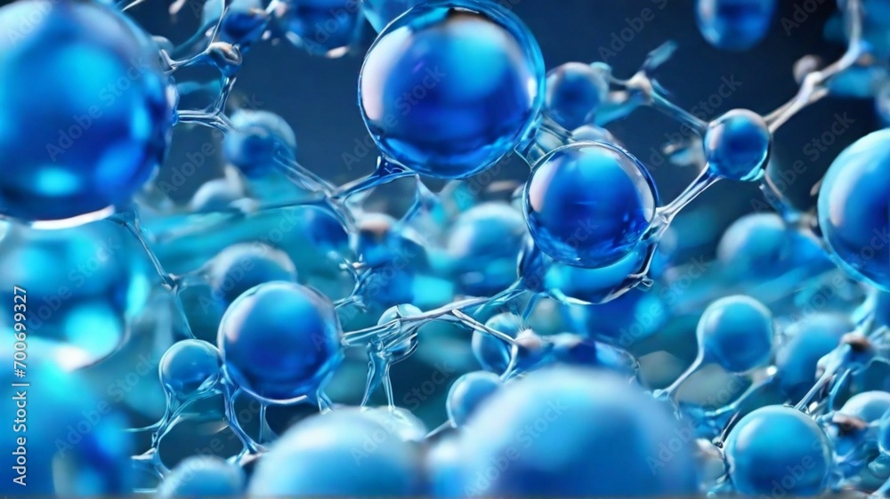 atoms structures suspended in a blue liquid serum background, creating ...