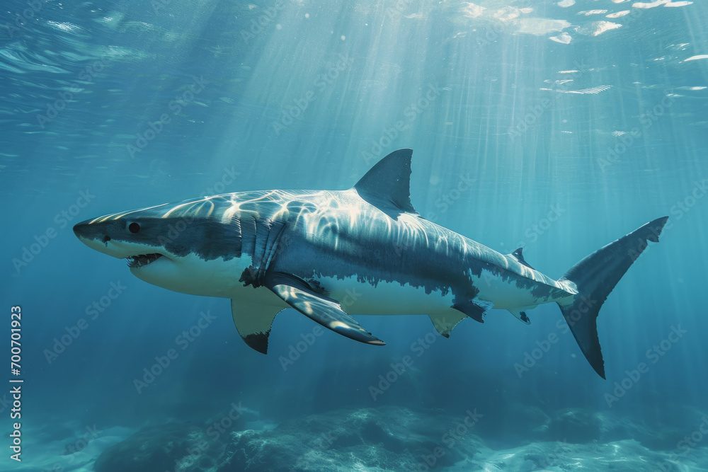 Large shark swimming underwater. Sunlight is penetrating the water ...
