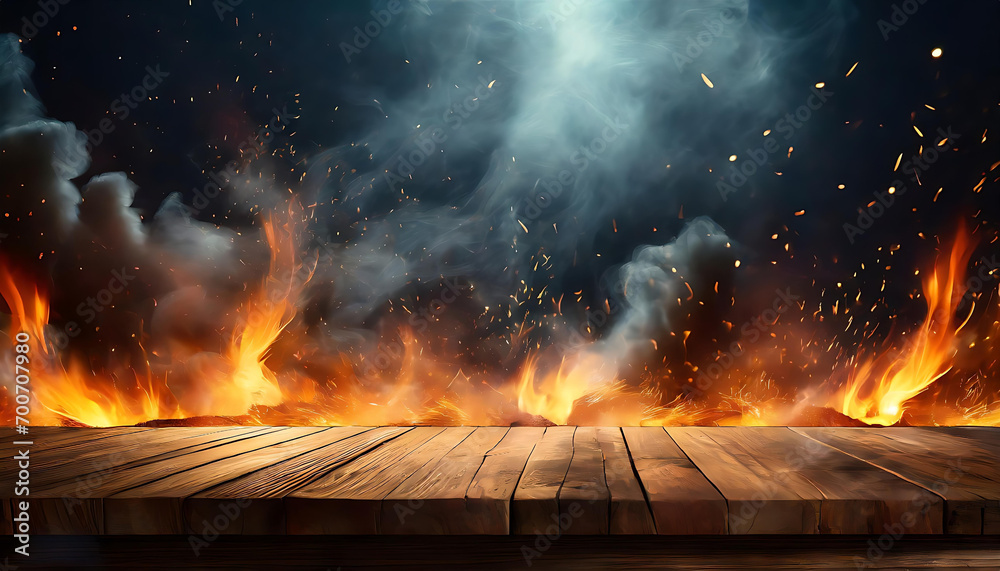 wooden table with Fire burning at the edge of the table, fire particles ...