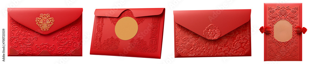 Set of red Hong Bao cards cut on a transparent background. Traditional ...