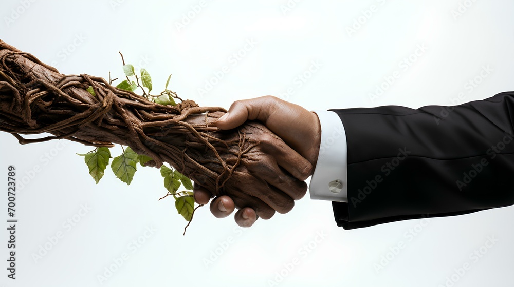 Handshake between humanoid tree hand and real person. Tree conservation ...