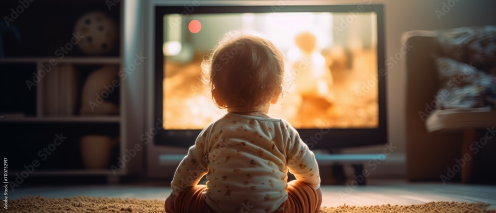 Back view of a little boy sitting in front of tv. Rear view of child ...