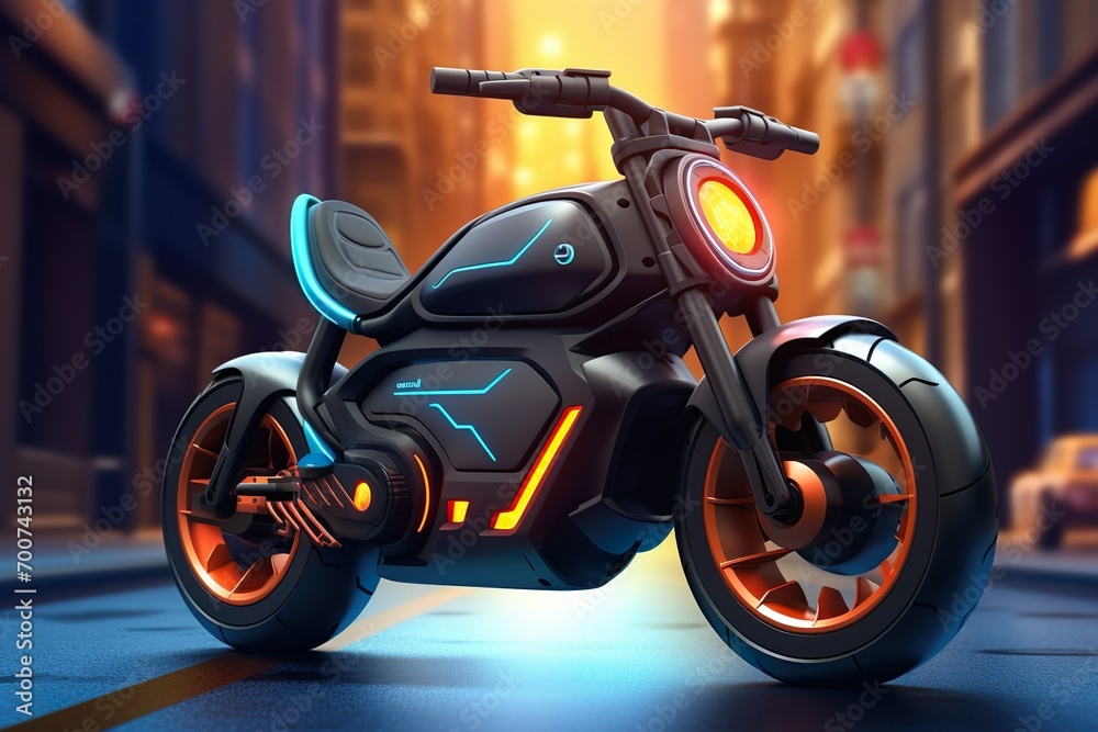 mini futuristic standard bike neon color bike cinematic lighting buildings background made with ...