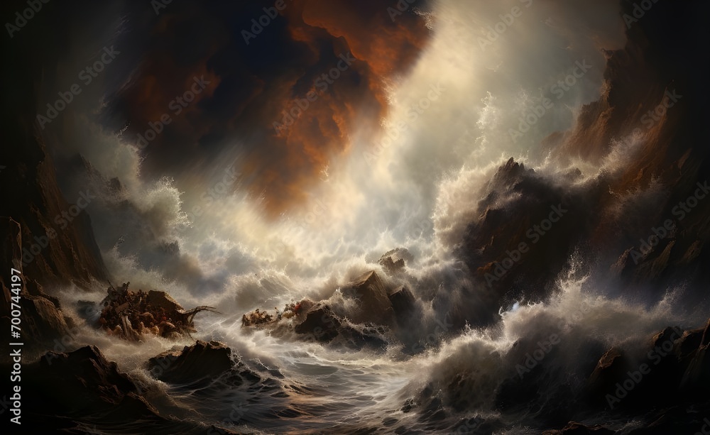 A painting depicting a rough sea where rough waves and wind mix to ...