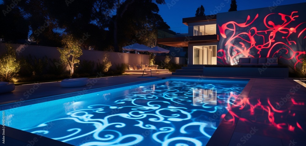 A modern backyard oasis with a pool surrounded by a laser light display ...