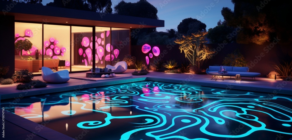 A modern backyard with a kidney-shaped pool surrounded by neon art ...