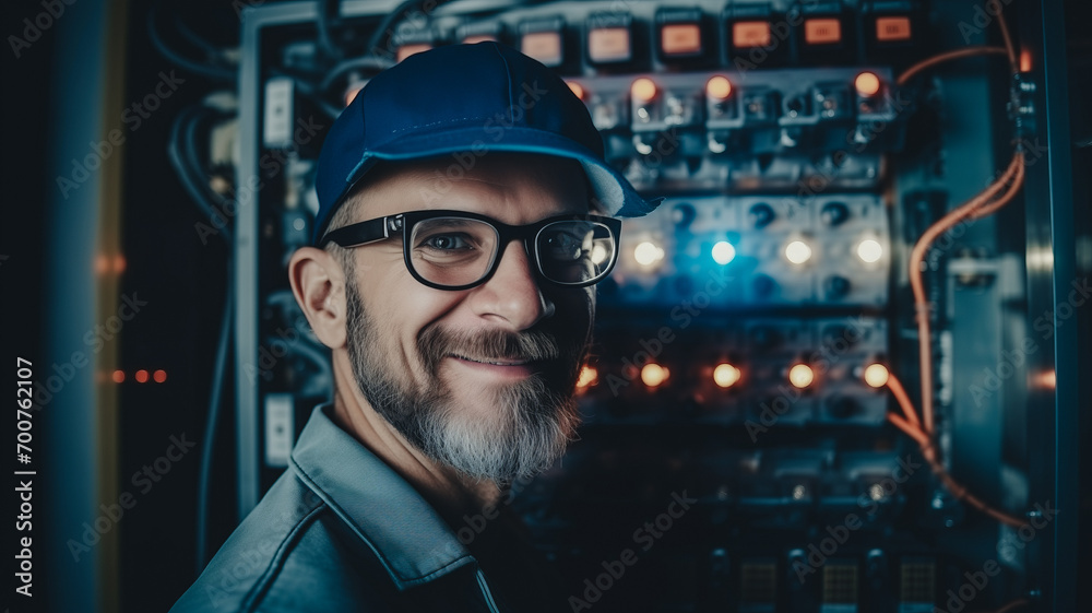 Portrait electrical engineer man on background control panel for high ...