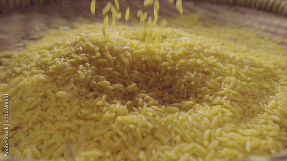 Yellow rice grain texture. Pouring rice grains by hand. Rice is made ...