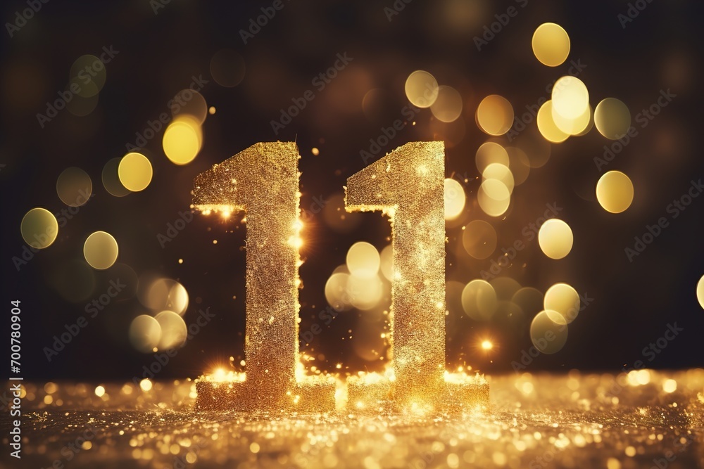 Golden sparkling number eleven on dark background with bokeh lights ...