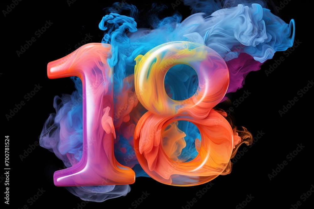 Colorful number eighteen with vibrant smoke on black background. Symbol ...