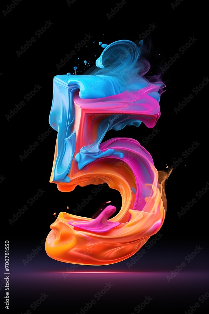 Colorful number five with vibrant smoke on black background. Symbol 5 ...
