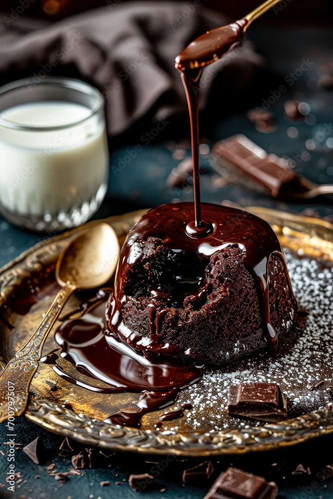 Chocolate Lava Cake with ganache liquid pored onto it. chocolate ...
