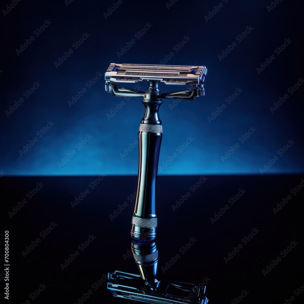 a classic barber razor with a polished metal handle and multiple blades ...