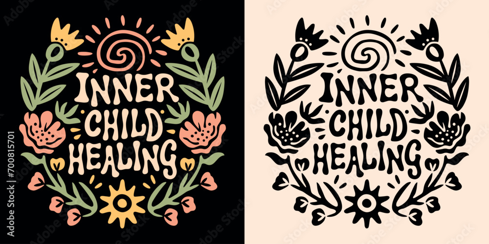 Vetor de Inner child healing lettering floral badge. Spiritual girl ...