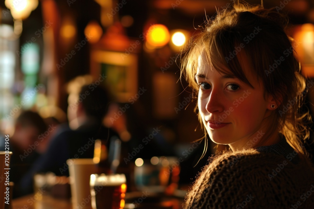 The image captures a woman's pleasurable moment in a pub, smiling as ...